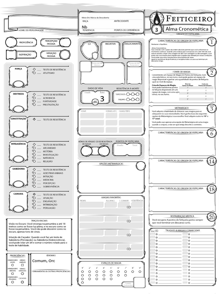 DnD 5e - Ficha - Feiticeiro - Editável-Copy | PDF