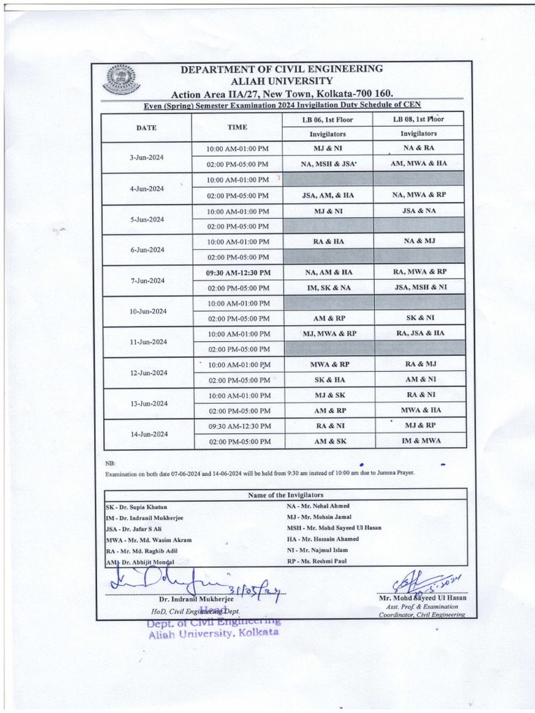 Invigilation Duty Schedule of Even Spring Sem2024 | PDF