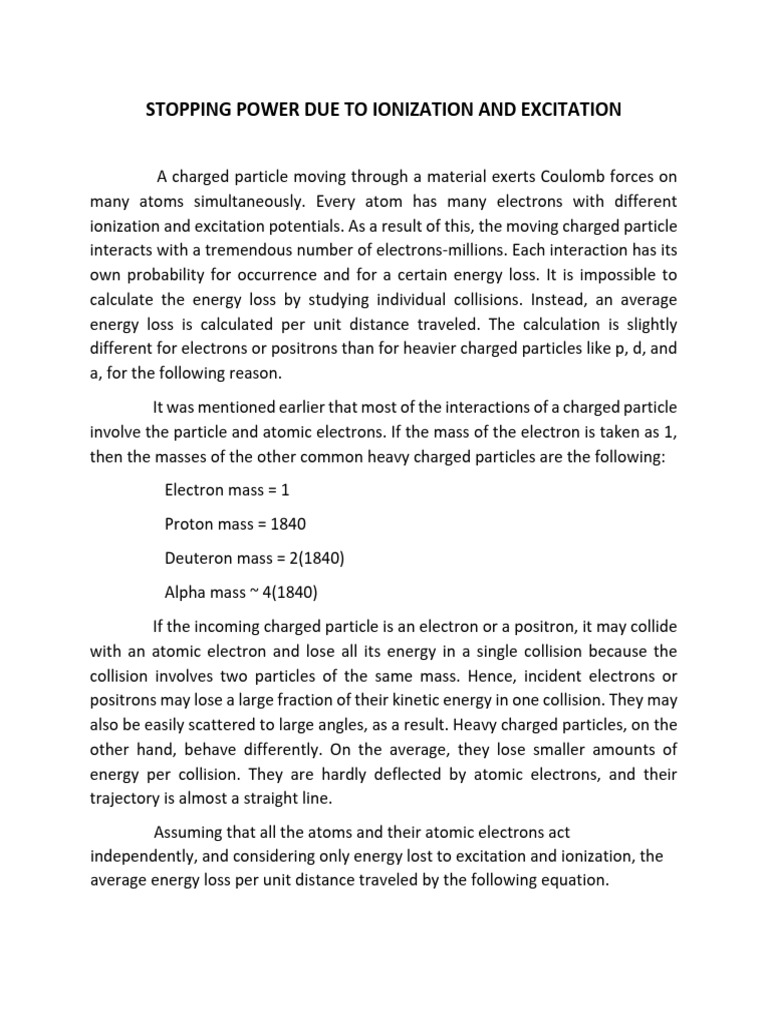 STOPPING POWER DUE TO IONIZATION AND EXCITATION | PDF | Electron ...