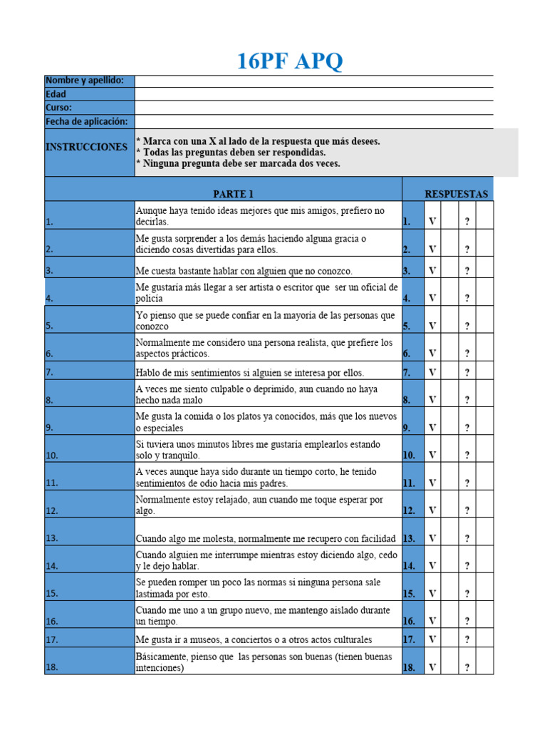16 PF Apq Hoja en Blanco | PDF