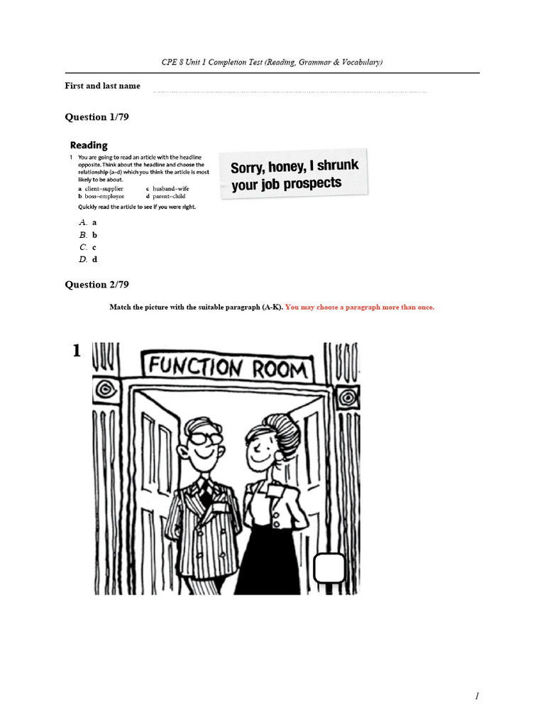 CPE 8 Unit 1 Completion Test (Reading, Grammar, Vocabulary) | PDF
