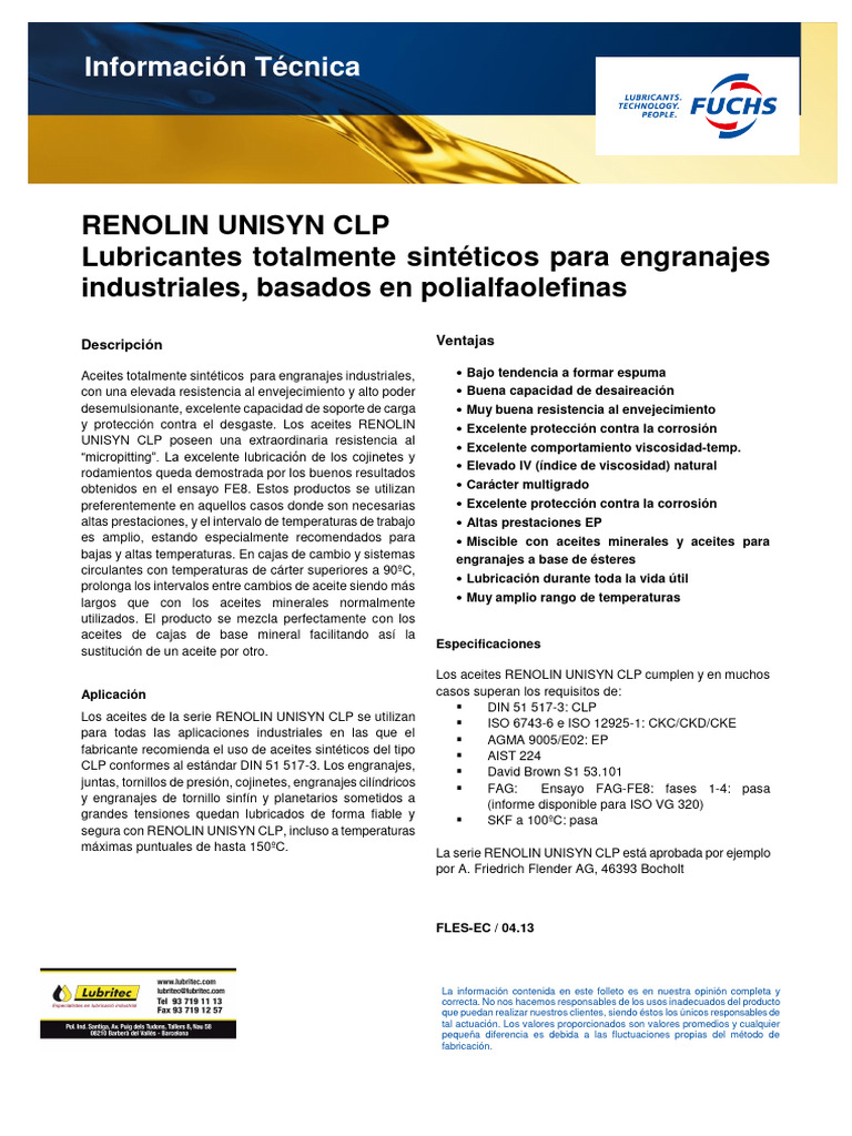 FT FC Renolin Unisyn CLP 320 Esp | PDF | Engranaje | Fricción