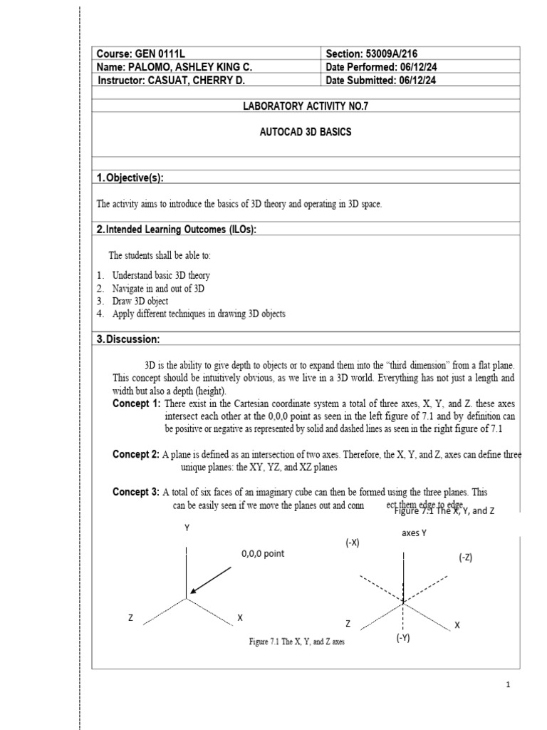 Laboratory Activity 07 Autocad 3D Basics | PDF | Cartesian Coordinate ...