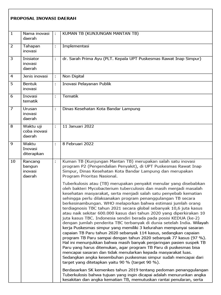 Proposal Inovasi Daerah "Kuman TB" 2024 | PDF