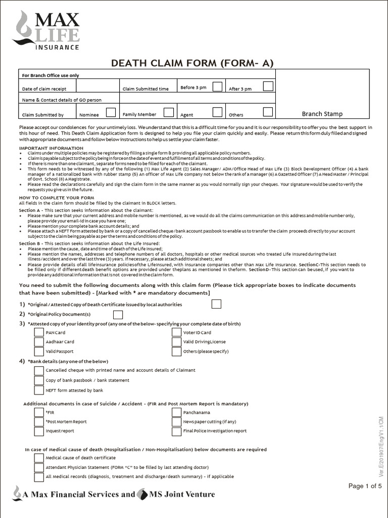 Death Claim Form Instructions | PDF | Insurance | Life Insurance