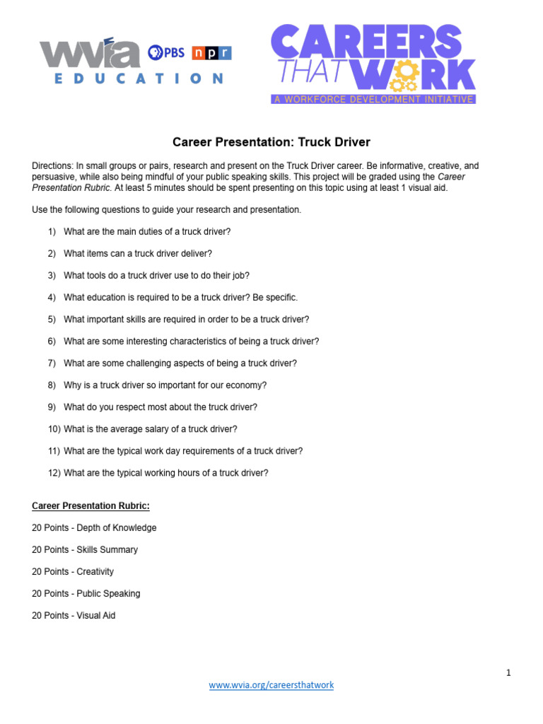 Handout 2 Truck Driver Career Presentation 9 12 Grades | PDF
