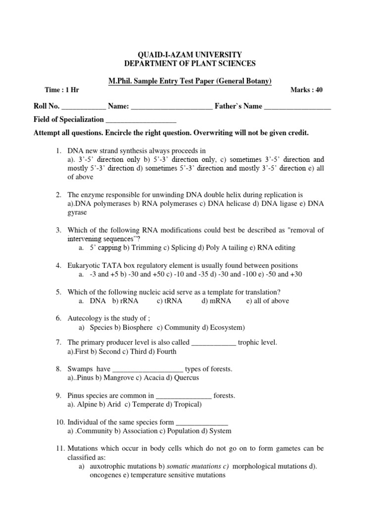 M.phil - Sample Botany | PDF | Meiosis | Dna