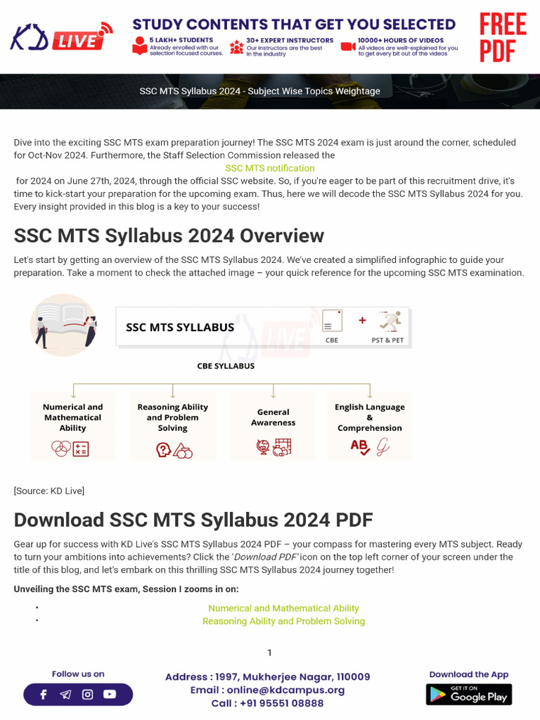 Syllabus SSC Mts Syllabus 2024 Subject Wise Topics Weightage | PDF