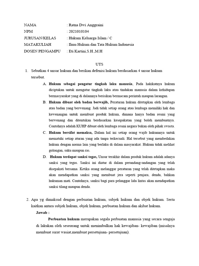 Uts - Ilmu Dan Tata Hukum Indonesia (Ratna Dwi Anggraini 2021010104) | PDF