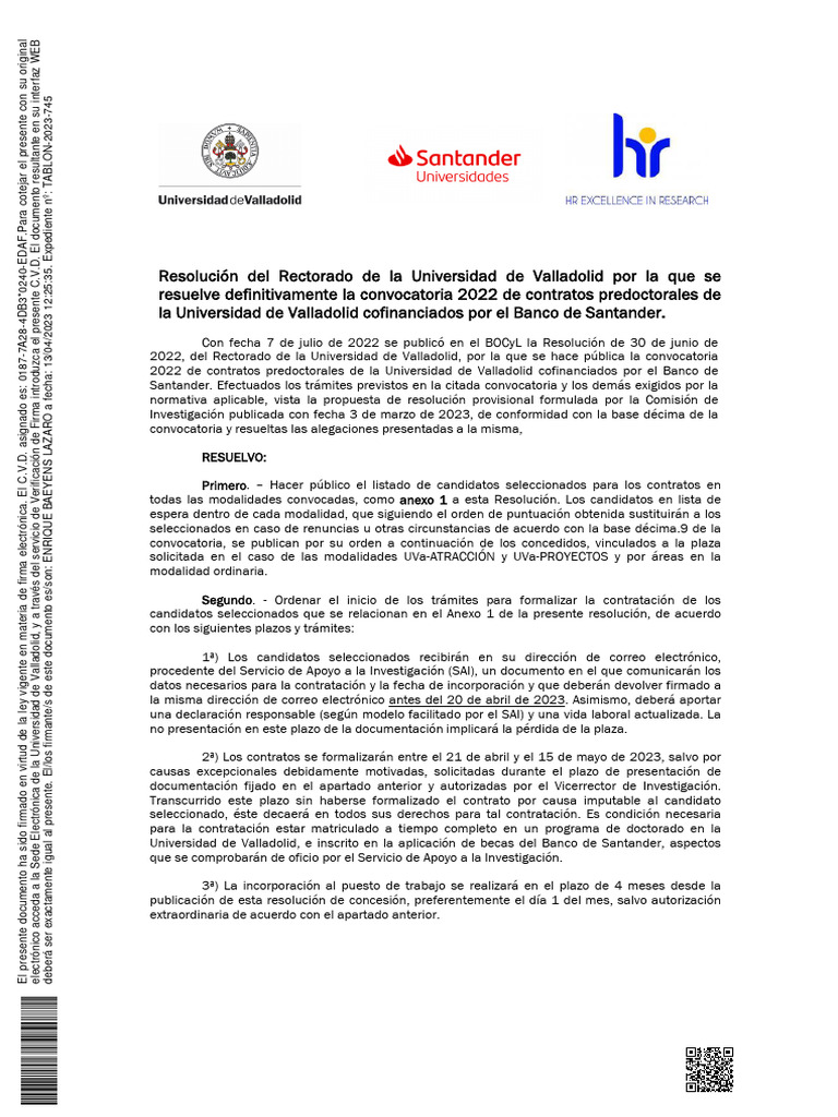 Resolución Del Rectorado de La Universidad de Valladolid Por La Que Se Resuelve Definitivamente ...