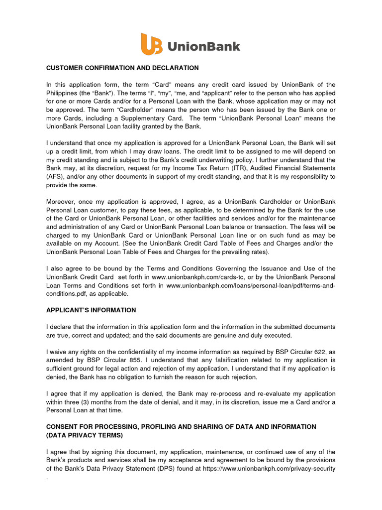 Customer Confirmation and Declaration | PDF | Credit Card | Loans