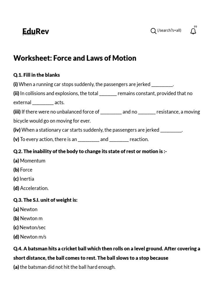 Force and Laws of Motion Class 9 Worksheet Science Chapter 8 | PDF ...