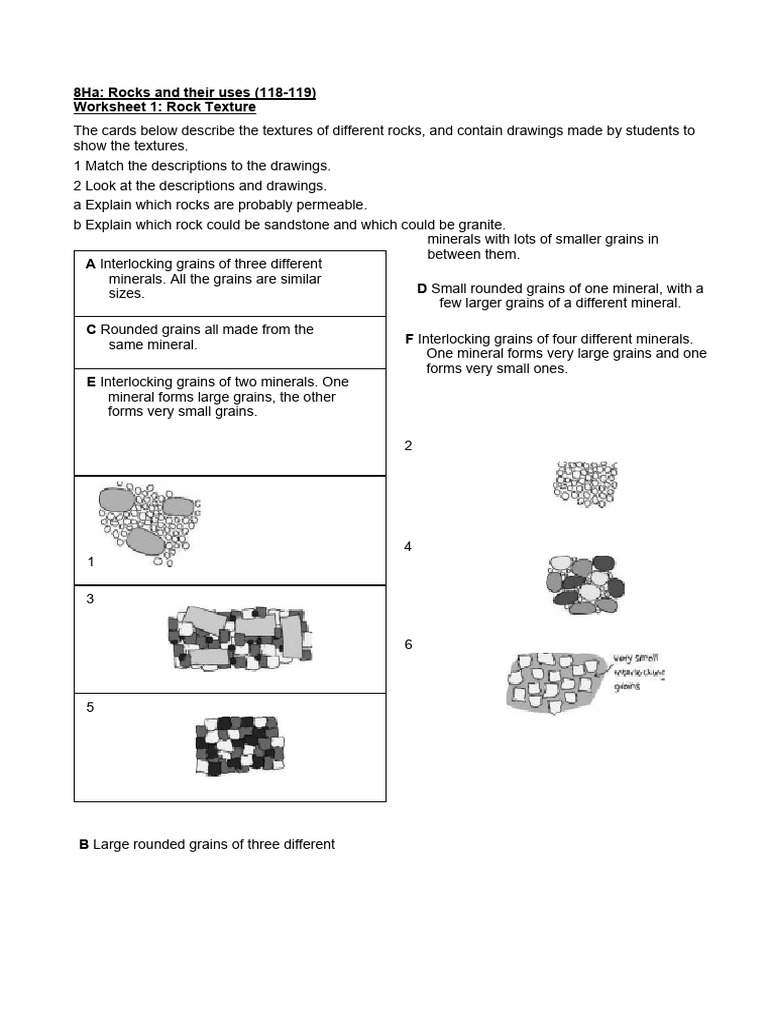 8ha - Rocks and Their Uses (118-119) - Worksheet 1 - Rock Texture | PDF