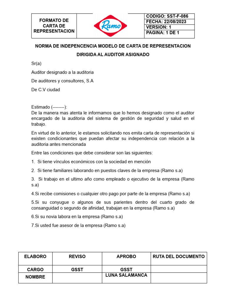 Sst-f-086 Formato de Carta de Representacion | PDF