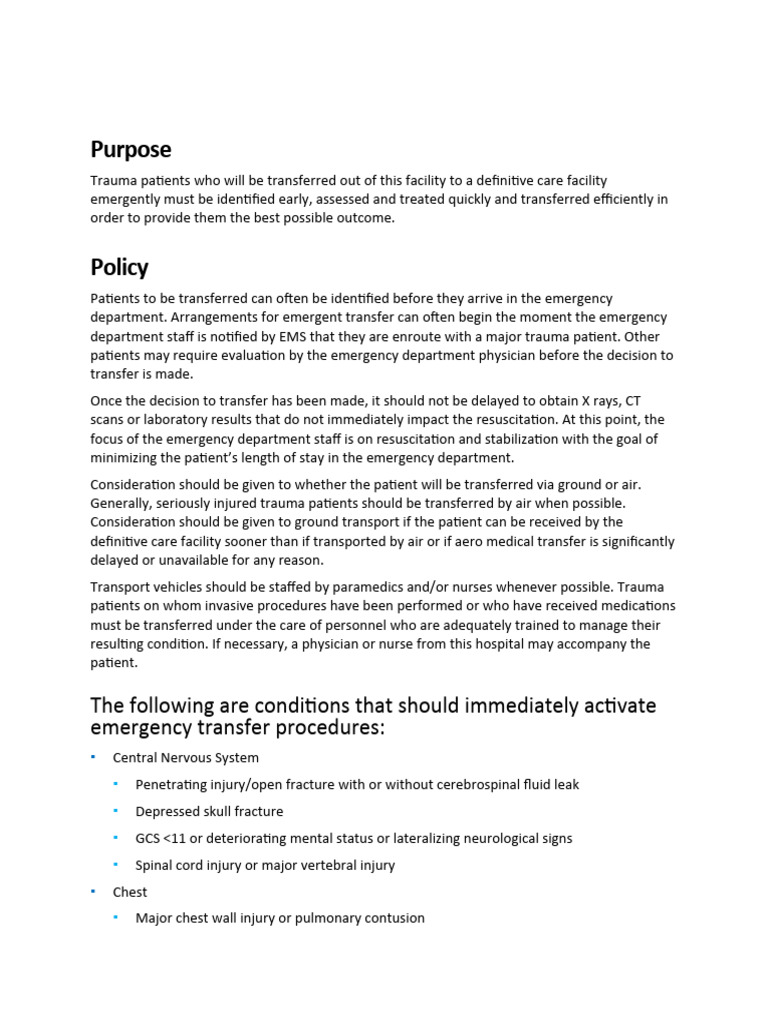 Transfer Guideline l3 | PDF | Emergency Department | Major Trauma