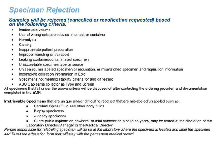 Specimen Rejection Criteria | PDF