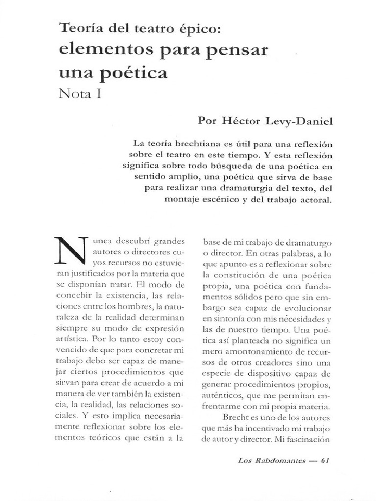 Teoria Del Teatro Épico - Héctor Levy-Daniel | PDF