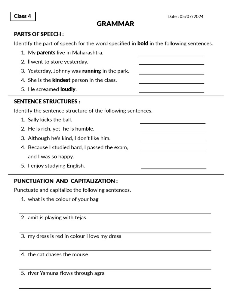 Class 4 - Grammar - Sheet 1 | PDF