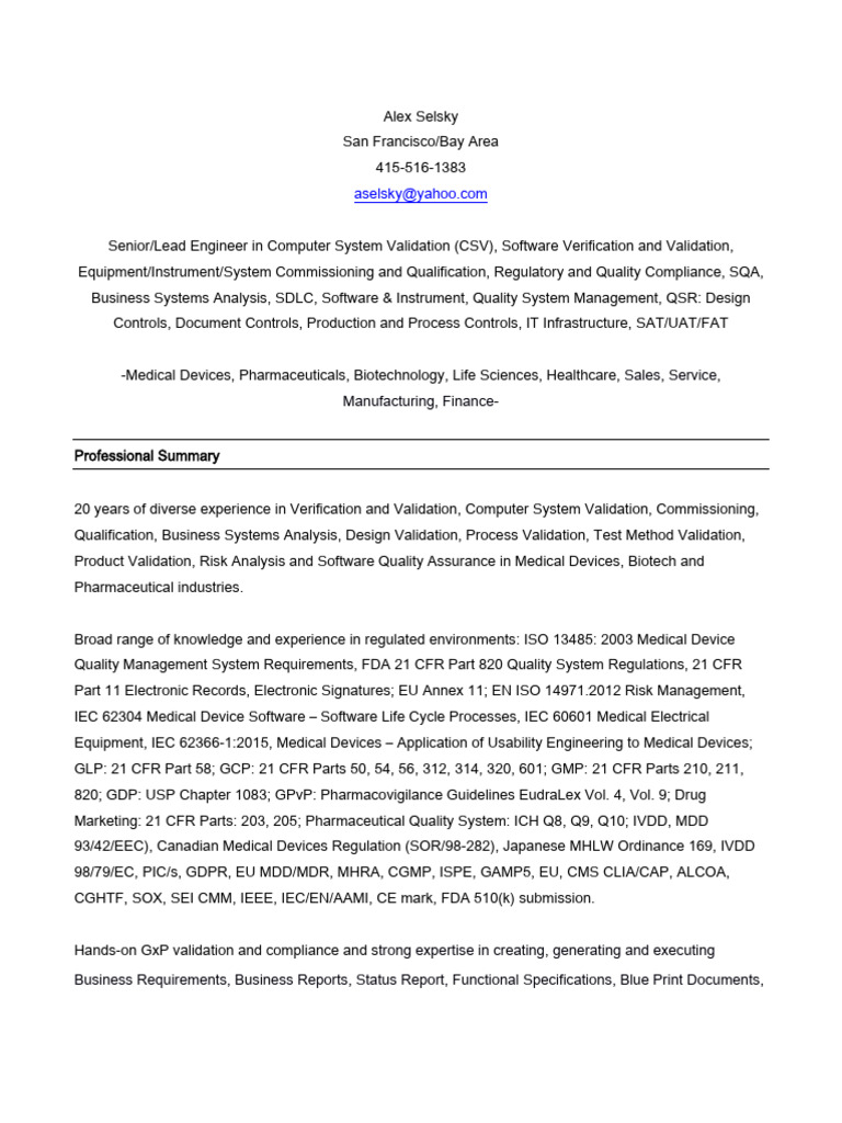Dice Resume CV Alexander Selsky | PDF | Verification And Validation | Medical Device