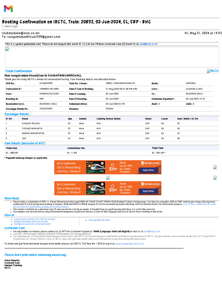 Gmail - Booking Confirmation On IRCTC, Train - 20832, 02-Jun-2024, SL, SBP - BHC | PDF | Service ...