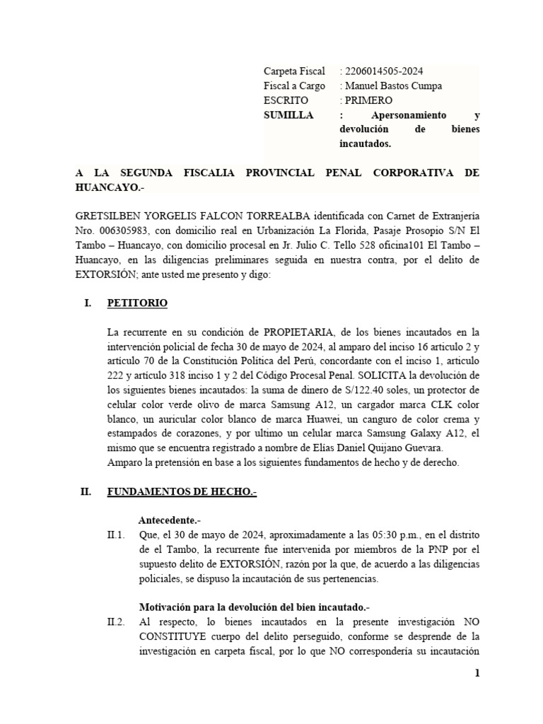 Devolución de Celular Incautado y Apersonamiento | PDF | Fiscal | Justicia