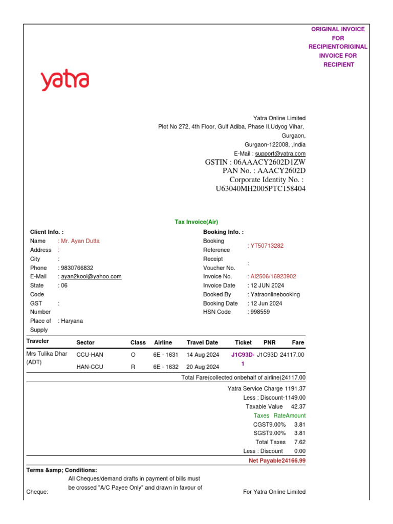 Yatra Flight Booking Invoice Details | PDF | Cheque | Payments