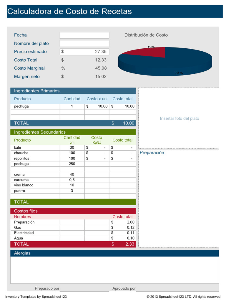 Planilla de Excel Calculadora de Costo de Recetas | PDF