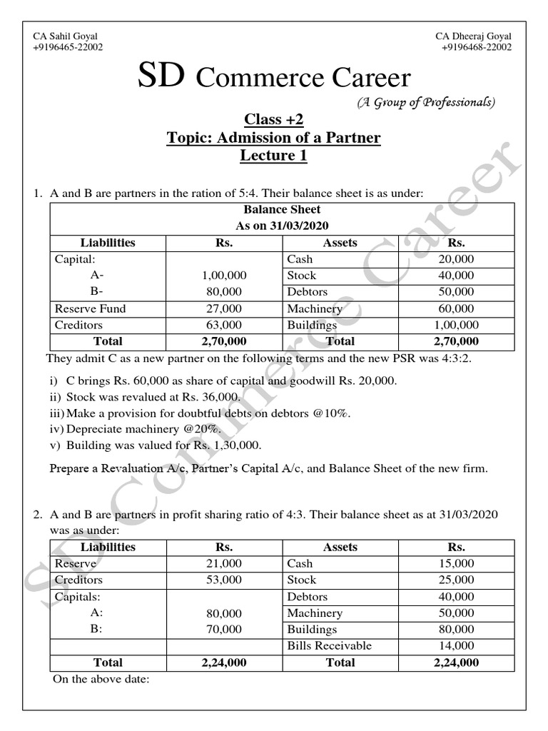 Admission of Partner Typed Ques. | PDF | Balance Sheet | Goodwill ...