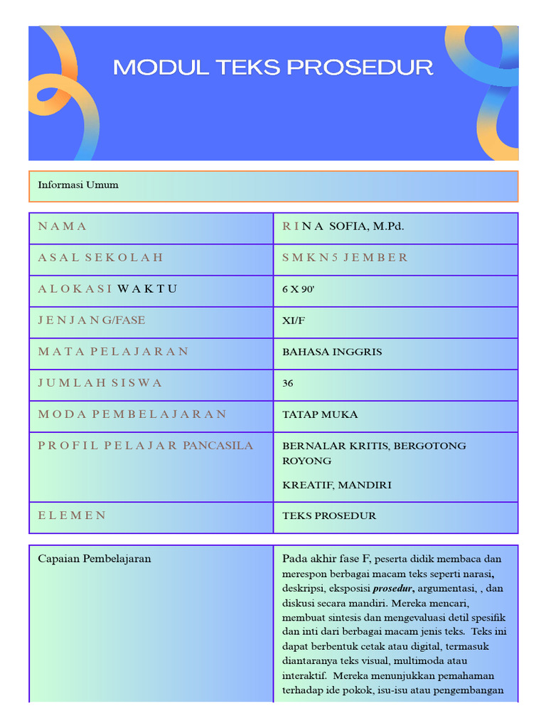 MODUL TEKS PROSEDUR - Ok | PDF | Karier & Perkembangan | Seni ...