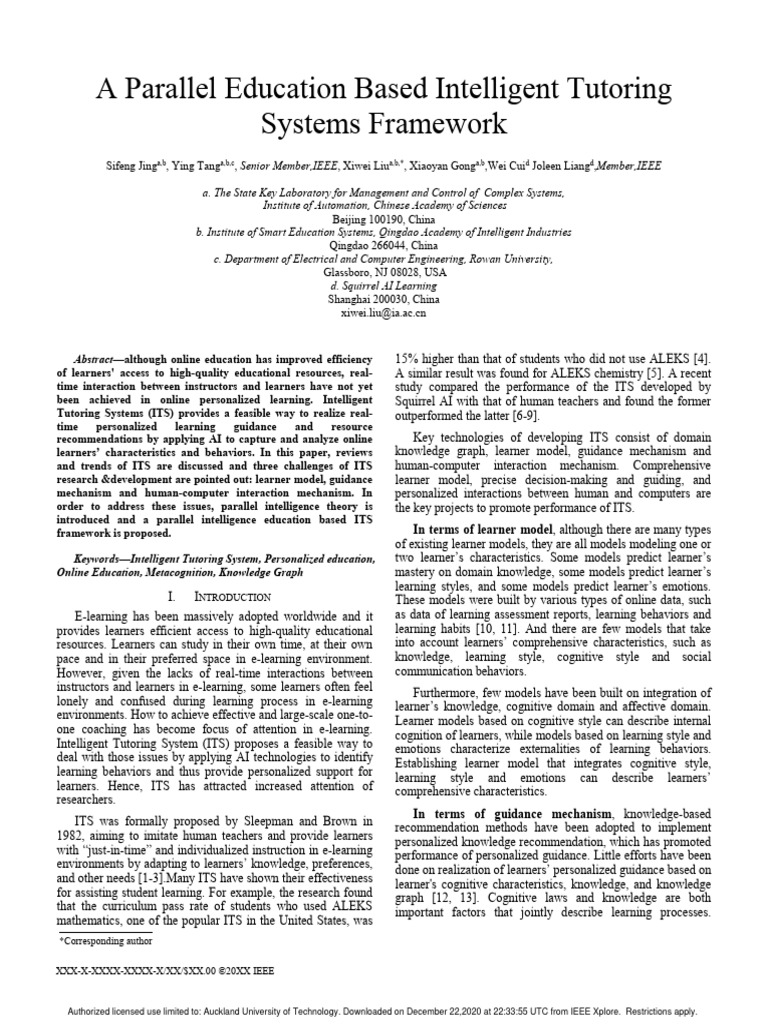 A Parallel Education Based Intelligent Tutoring System Framework | PDF | Learning | Metacognition