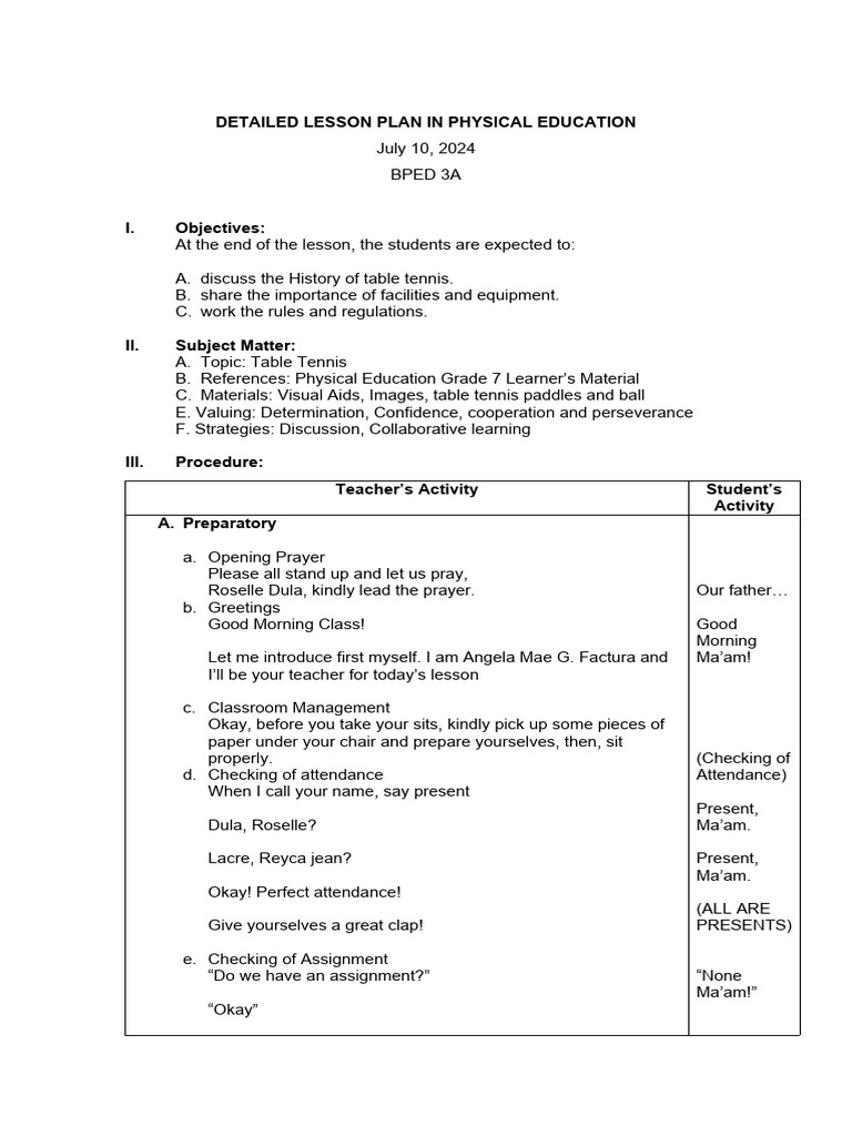 3a Detailed Lesson Plan Final 2 | PDF | Table Tennis