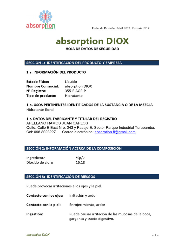 Absorption DIOX, Ficha de Seguridad | PDF | Agua | Química