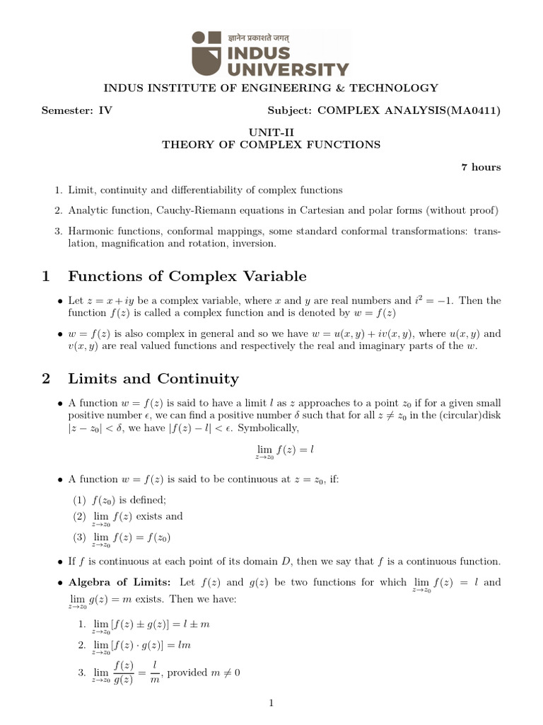 Unit 2 Theory Of Complex Functions Pdf Function Mathematics Complex Analysis 