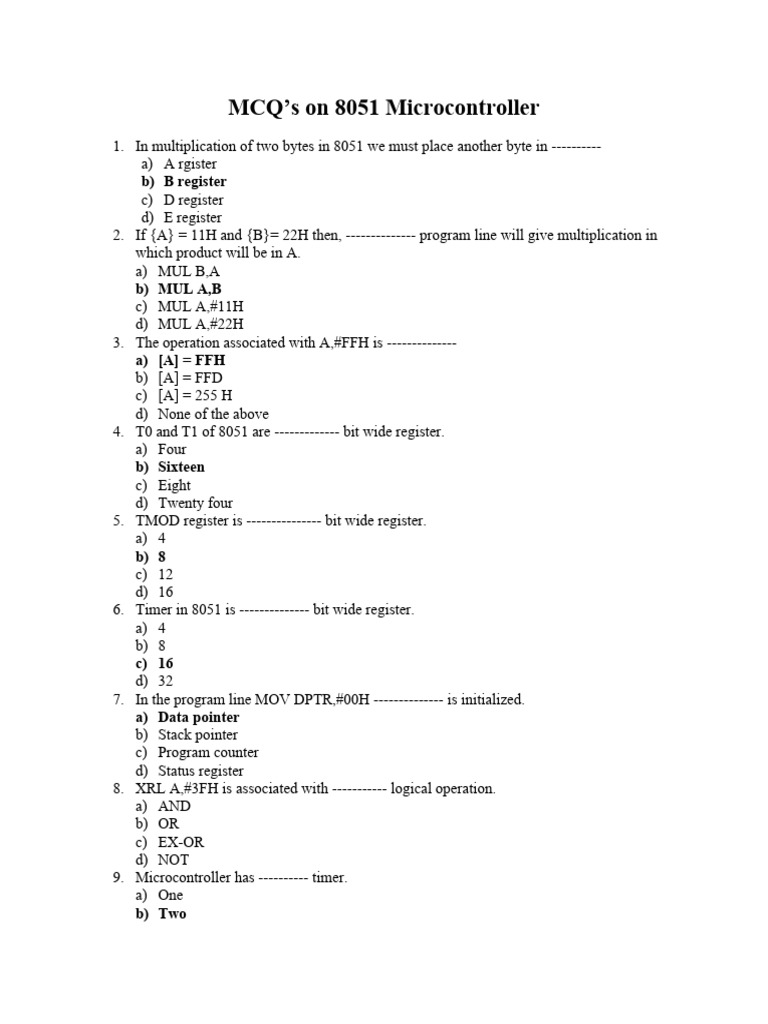 MCQs on 8051 Microcontroller Functions | PDF | Electric Motor ...