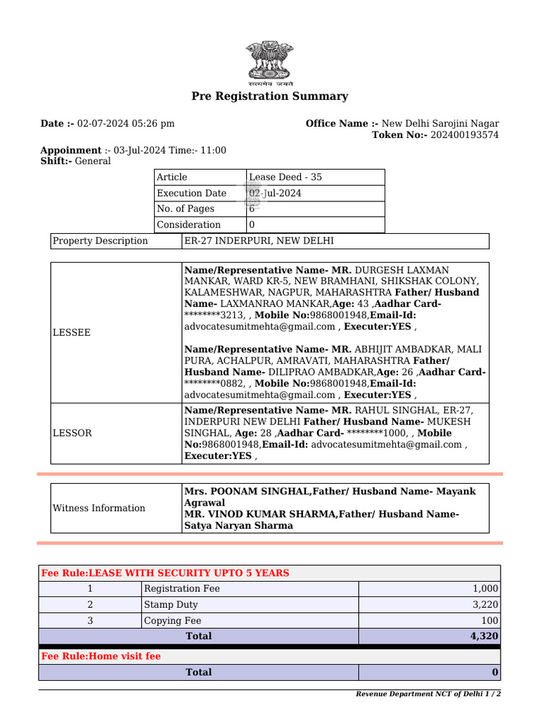 Pre Registration Summary: Fee Rule:Lease With Security Upto 5 Years | PDF | Lease