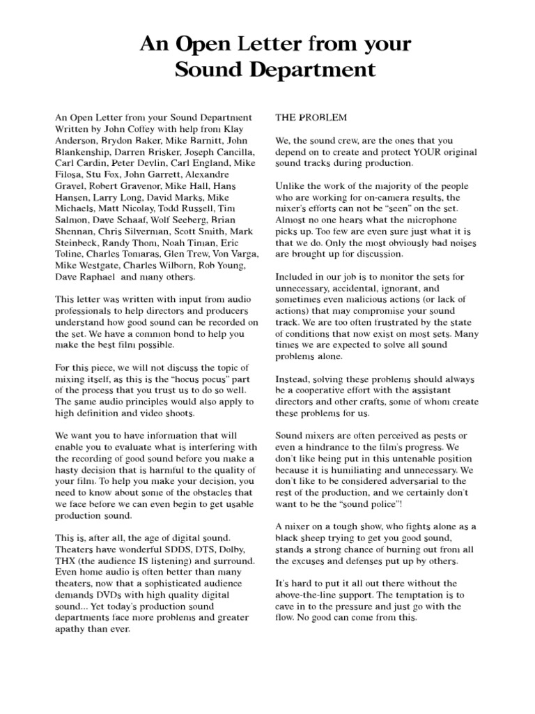 Sound Department's Open Letter to Filmmakers | PDF | Microphone