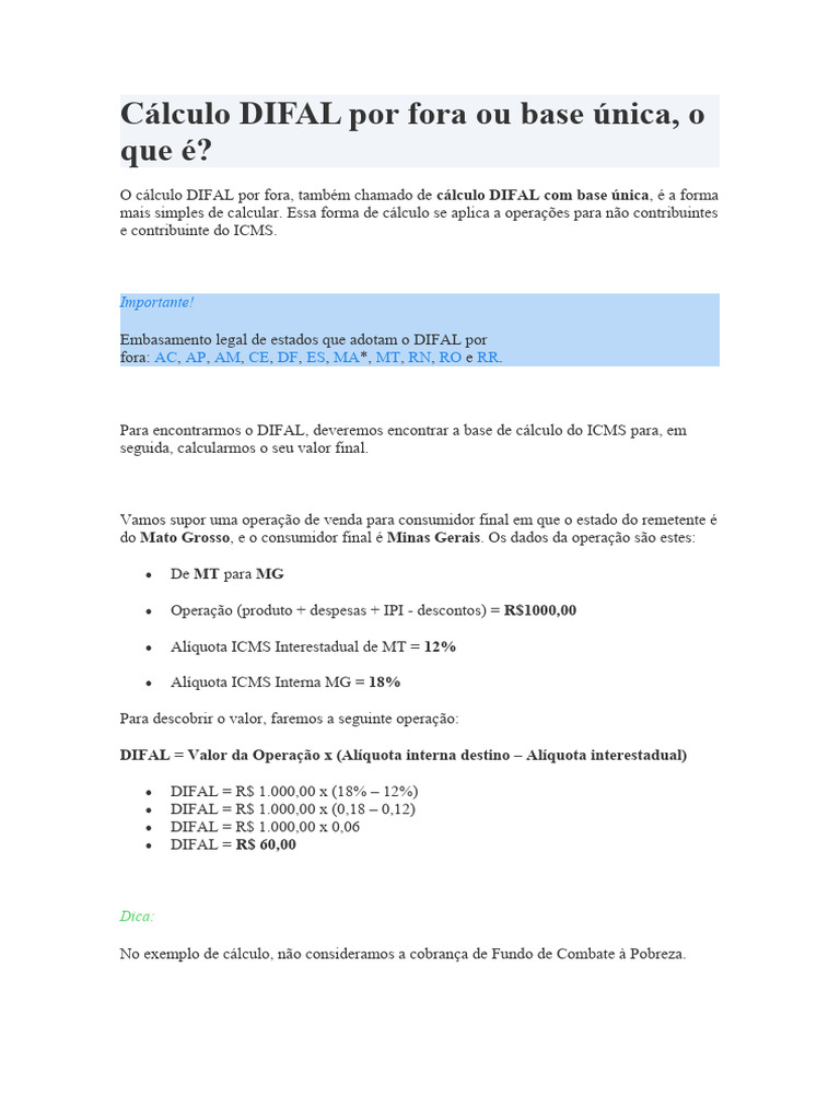 Cálculo DIFAL Por Fora Ou Base Única e Por Dentro | PDF | Cálculo