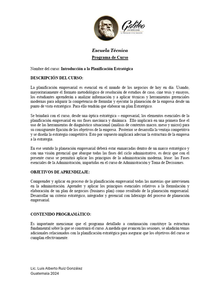 Programa de Curso Introducci n a La Planificaci n Estrat Gica Lic. Luis ...