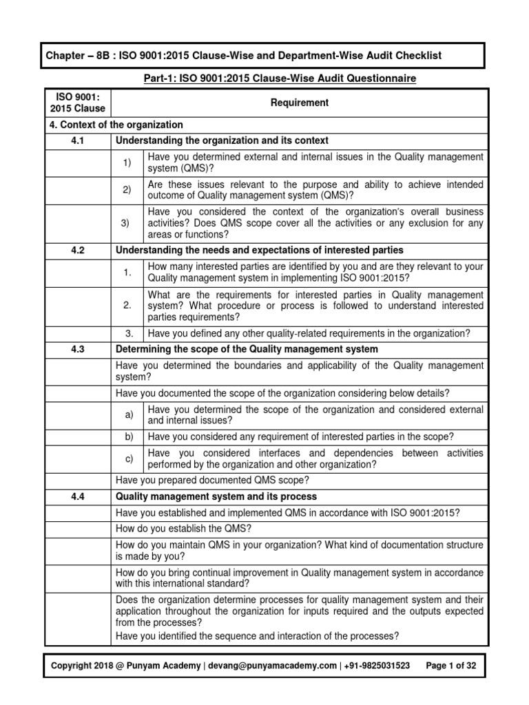 Chapter 8B ISO 9001 Audit Checklist | PDF | Quality Management System ...