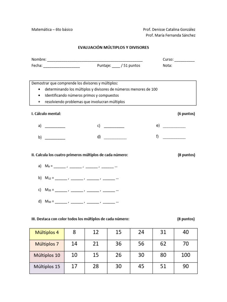 Evaluación de Múltiplos y Divisores 6to Básico | PDF | Matemáticas ...