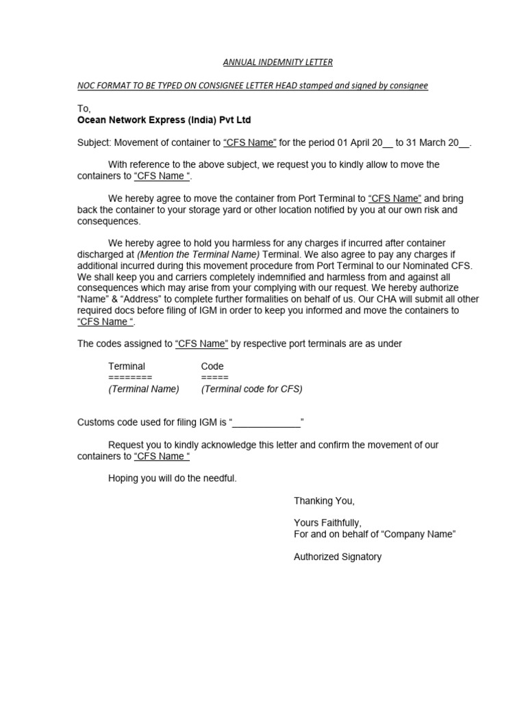 Indemnity (CFS Movement - NOC) Consignee | PDF | Indemnity | Private Law