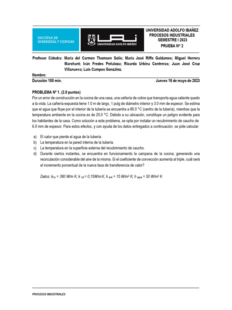 Prueba #2 Pi Semestre I 2023 | PDF | Convección | Ciencias fisicas