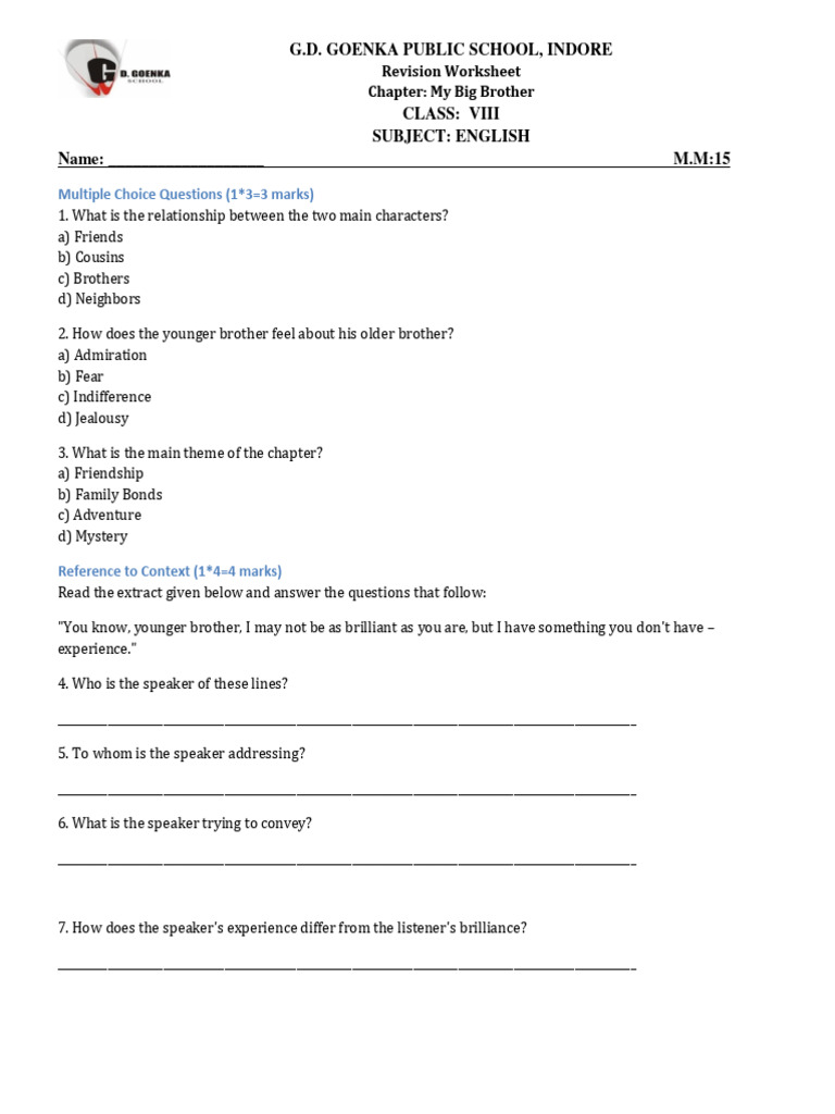 revision worksheet my big brother class 8th | PDF
