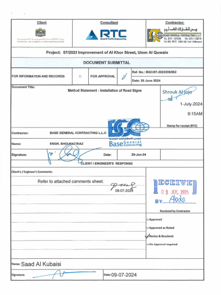 DS-062 - Method Statement - Installation of Road Signs - RR | PDF