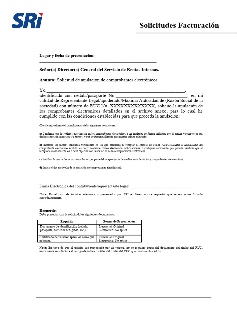 Solicitud Anulacion de Comprobantes Electrónicos | PDF | Documento de ...