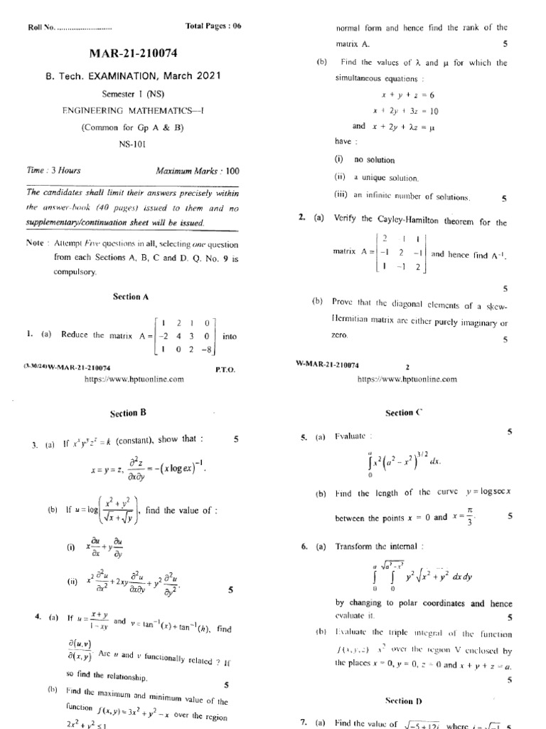 Btech 1 Sem Engineering Mathematics 1 210074 Mar 2021 | PDF