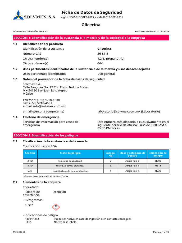 Glicerina MSDS | PDF | Agua | Dióxido de carbono