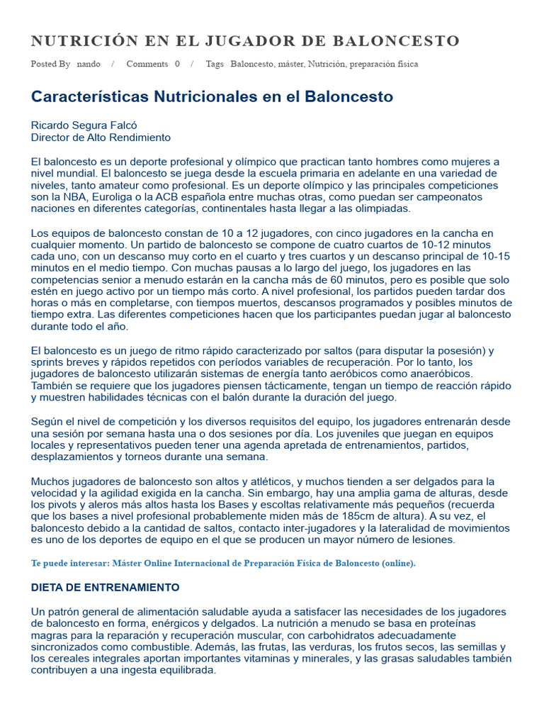 Nutrición en El Jugador de Baloncesto - Alto Rendimiento | PDF | Alimentos | Nutrición