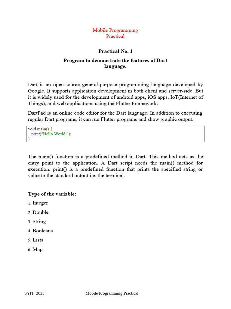 Mobile 2023 Pract Flutter Pdf Class Computer Programming Object Oriented Programming