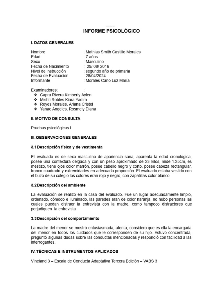 Informe Psicológico de Mathias Smith | PDF | Comunicación | Ciencias ...